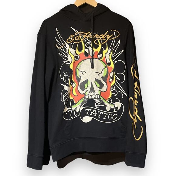 Ed Hardy | Shirts | Ed Hardy Fire Flame Skull Tattoo Pullover Hoodie ...